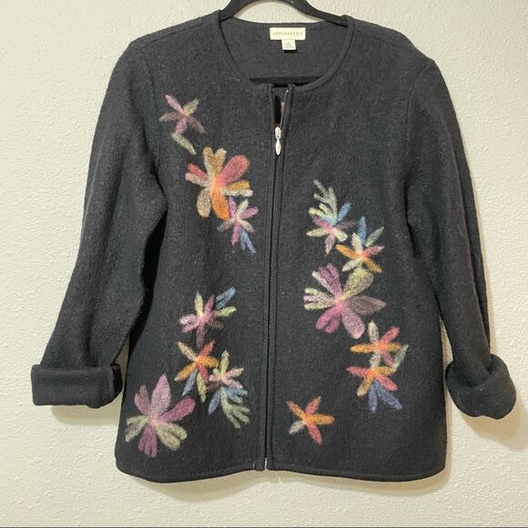 Appleseed's | Sweaters | Appleseeds Black Boiled Wool Full Zip Floral ...